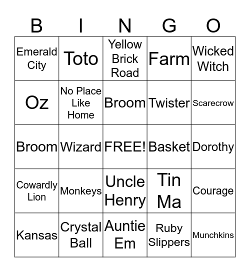 Wizard of Oz Bingo Card