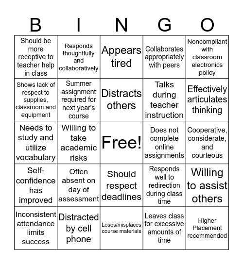 Comment Code Bingo Card