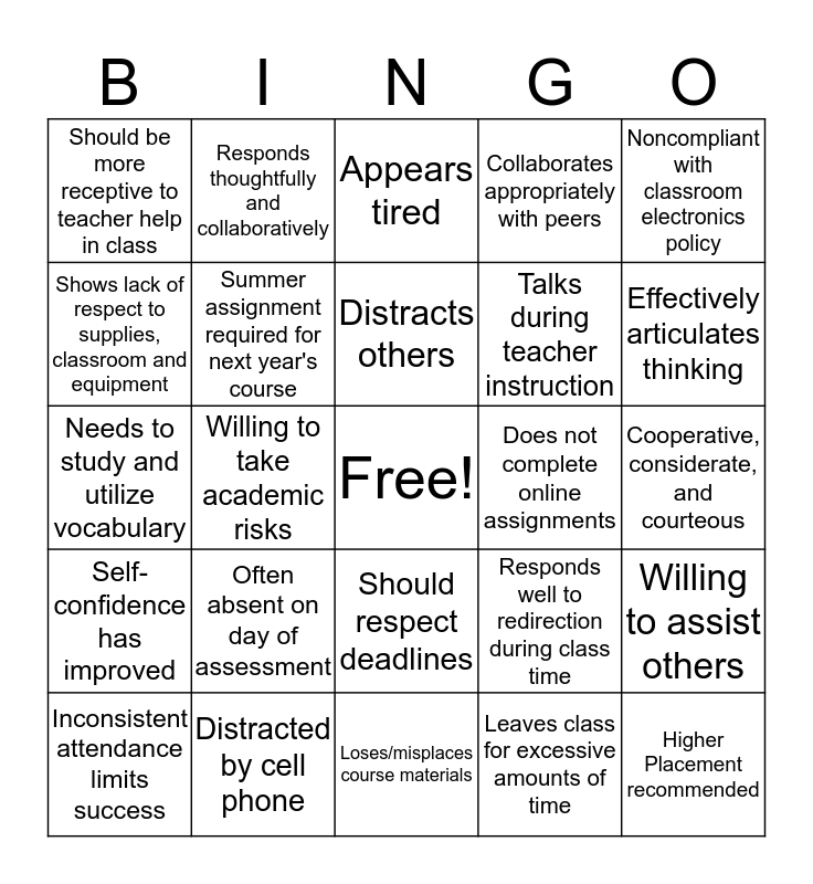 Comment Code Bingo Card
