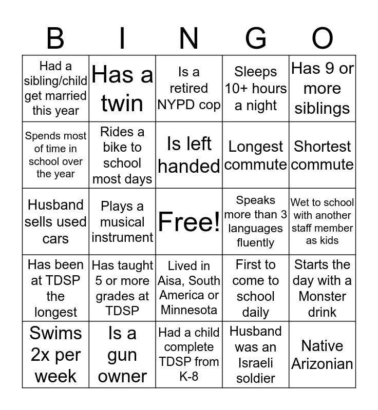 Get to know the TDSP Staff Bingo Card