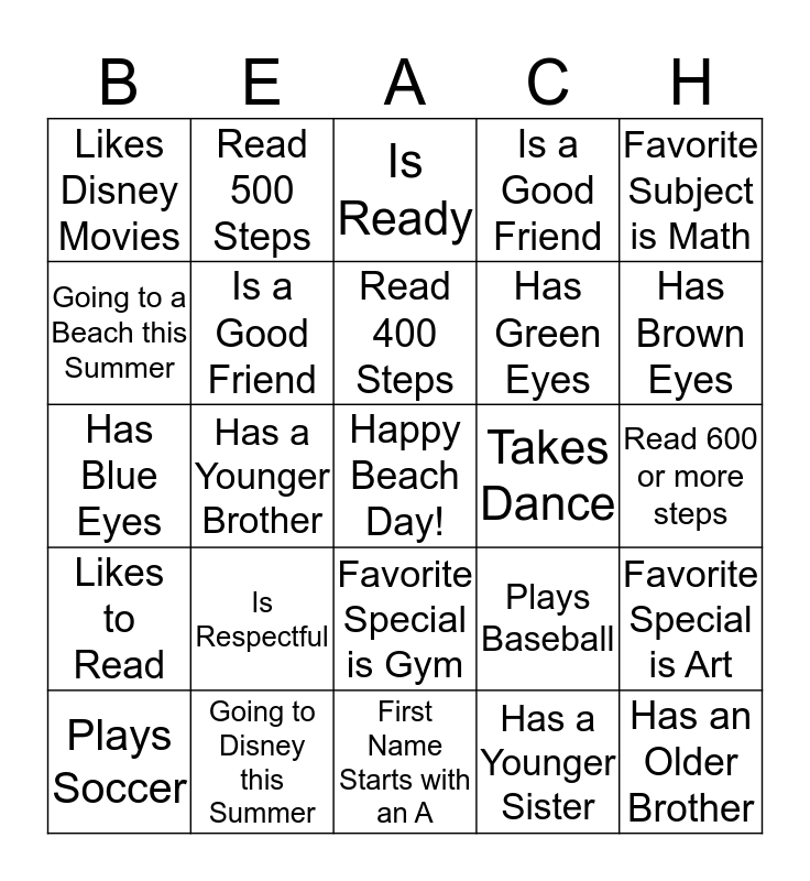 Beach Day BINGO 2019 Bingo Card