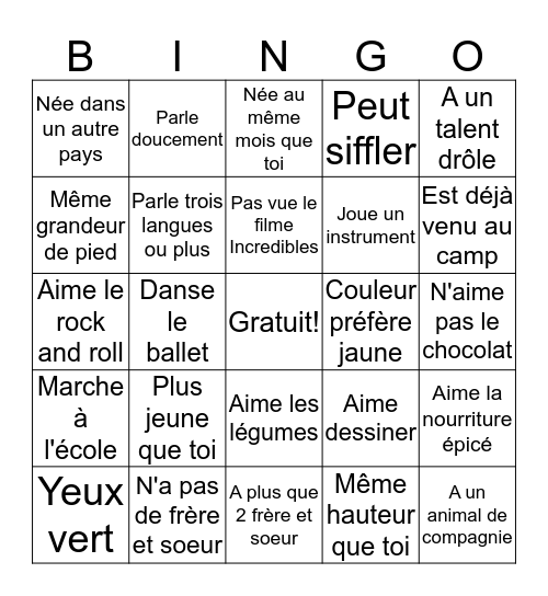 Bingo Humain Bingo Card