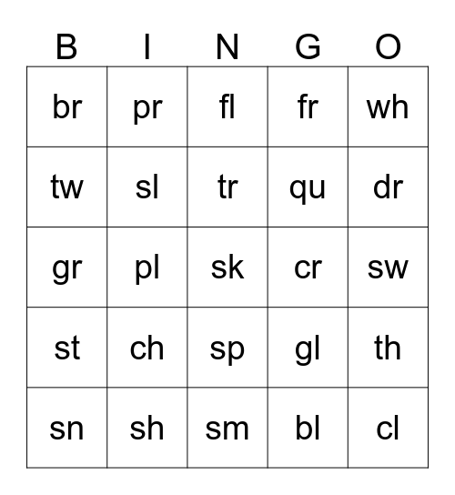 Consonant Blends and Digraphs Bingo Card