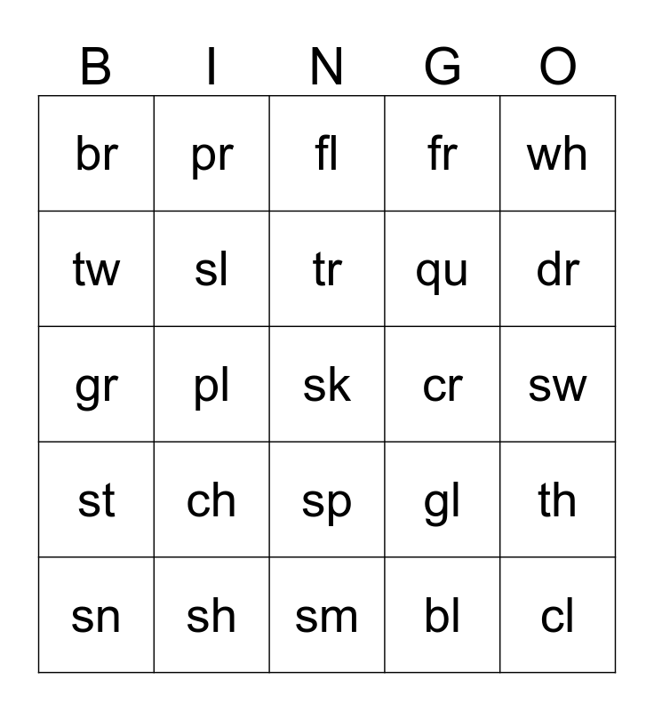Consonant Blends and Digraphs Bingo Card