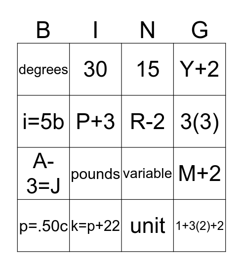 MATH REVIEW BINGO Card