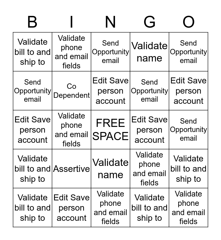 Validation Bingo Card