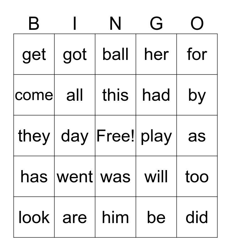 SNAP Words-List B Bingo Card
