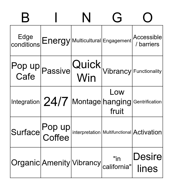 Urban Design Workshop Bingo Card