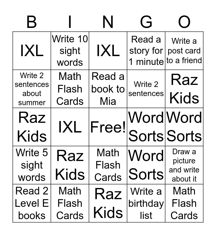 Isaac Summer Learning Bingo Card