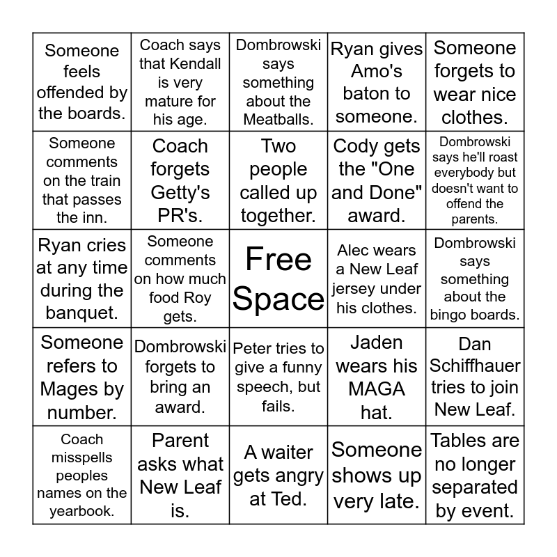 2018-19 T&F Banquet Bingo Bingo Card
