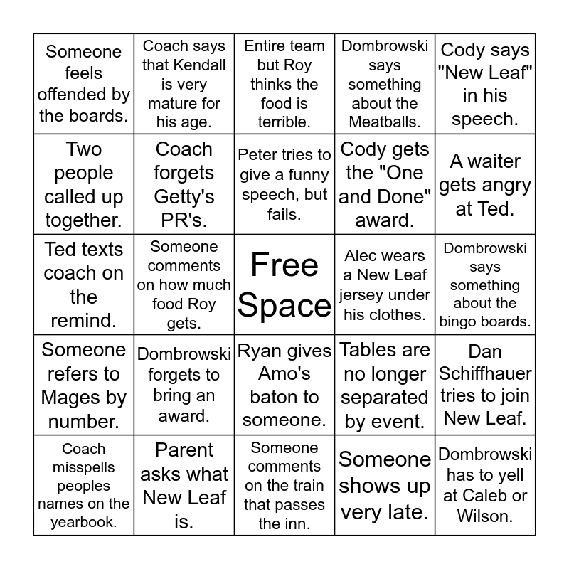 2018-19 T&F Banquet Bingo Bingo Card