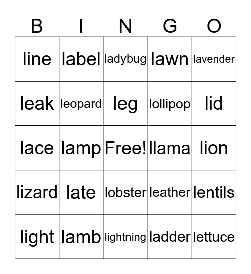 L Beginning Bingo Card
