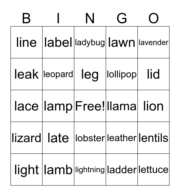 L Beginning Bingo Card