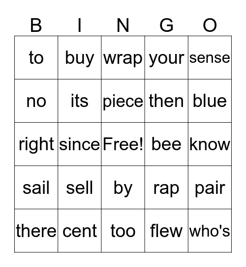 Homophones Bingo Card