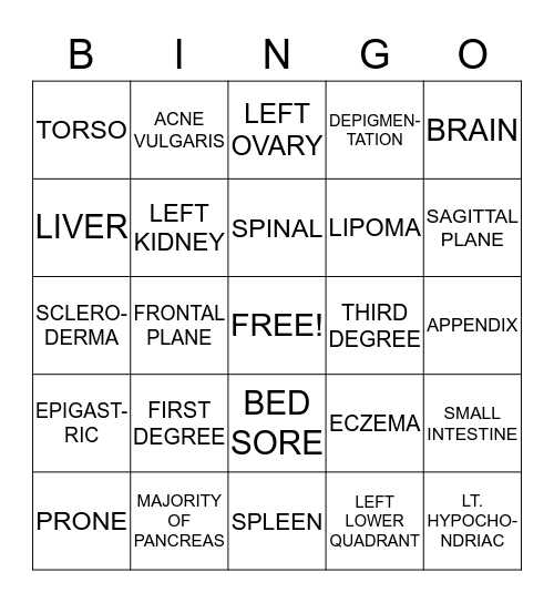 MEDICAL TERMINOLOGY BINGO Card