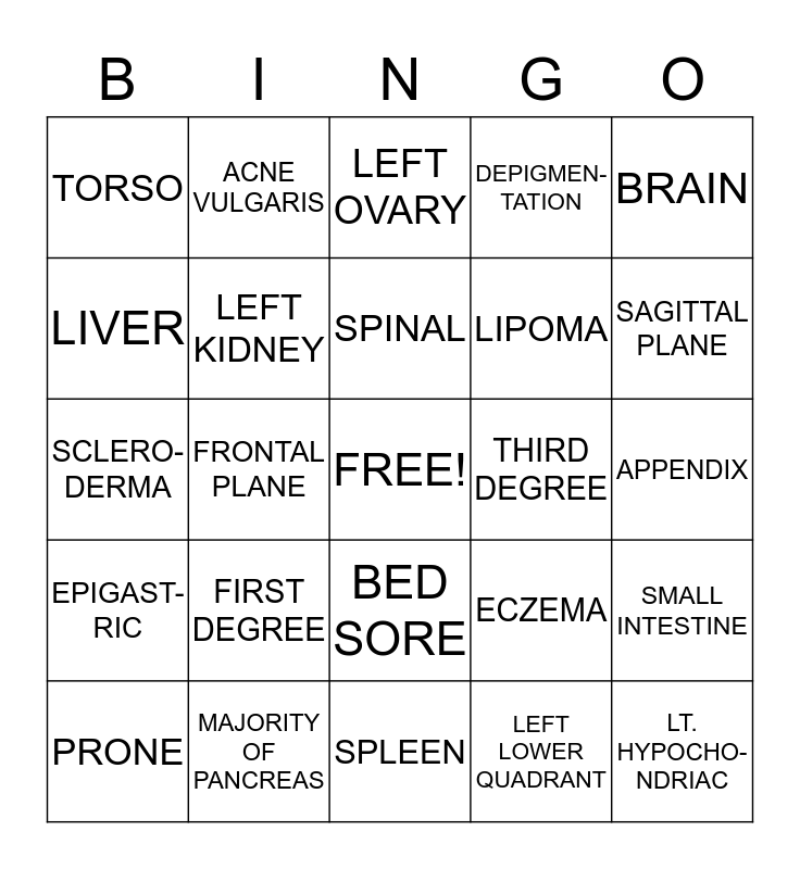 MEDICAL TERMINOLOGY BINGO Card