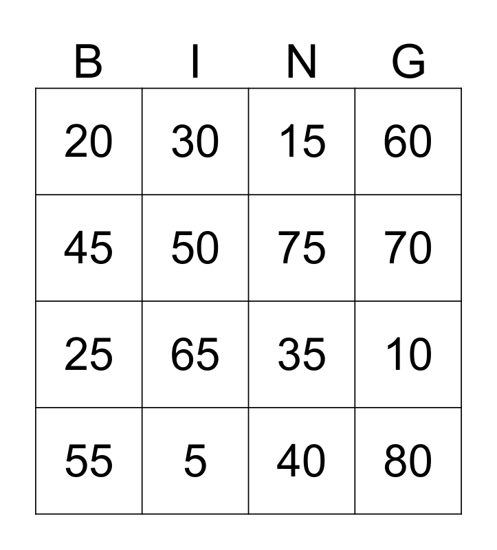 Bingo 5s Bingo Card