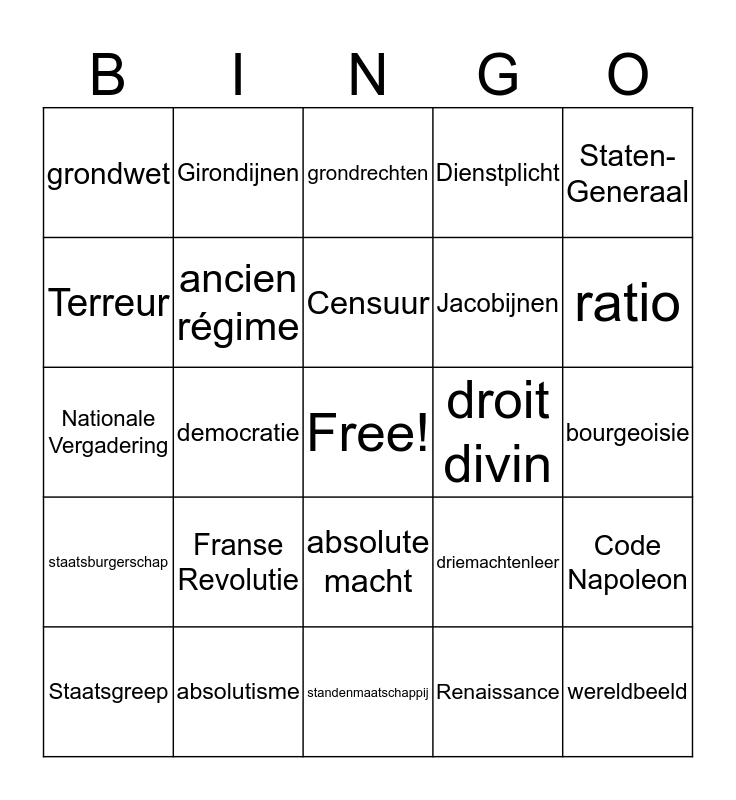 Nieuwe Ideeën, Nieuwe Tijden Bingo Card