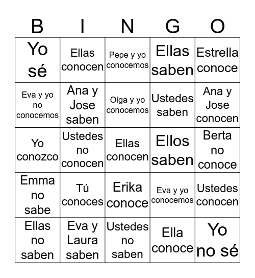 SABER VS. CONOCER Bingo Card