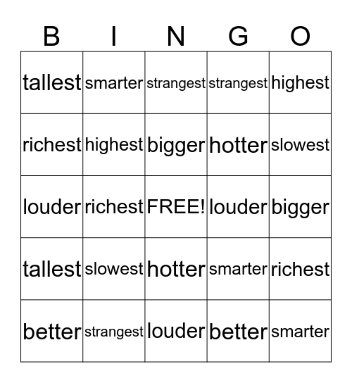 Spelling Word Bingo Card