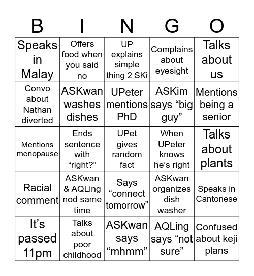 Pot Luck Bingo Card