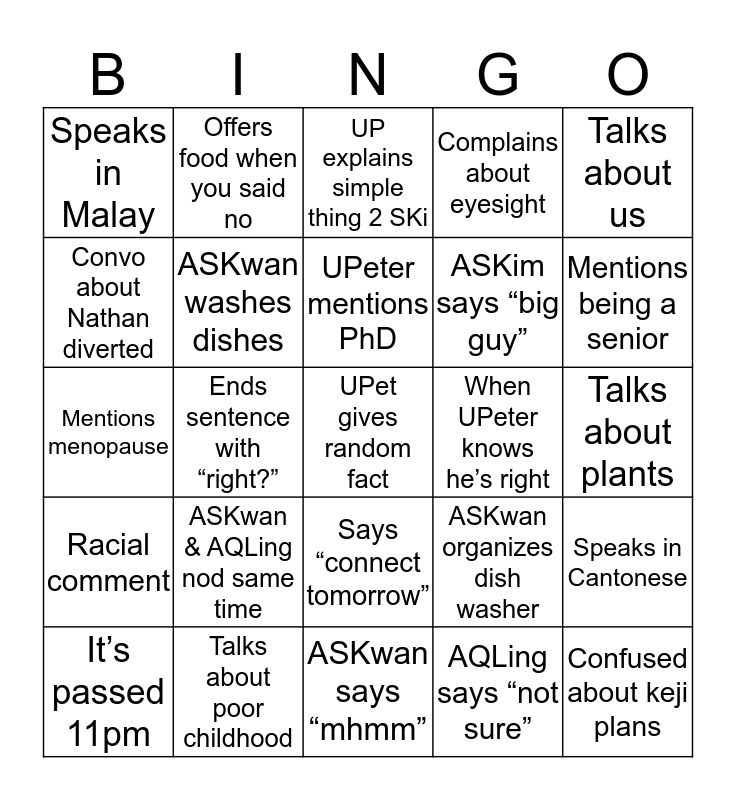 Pot Luck Bingo Card