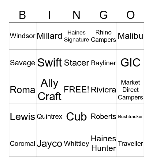 Boat/Caravan Bingo Card