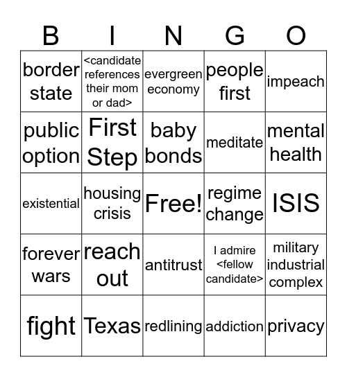 Dem Debate 2020 Night 1 Bingo Card