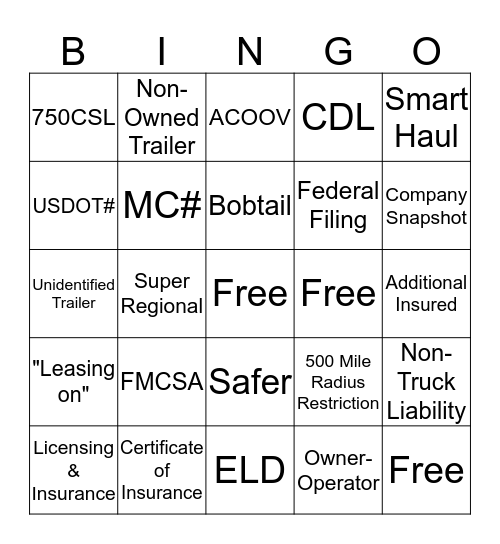 Trucking Bingo Card