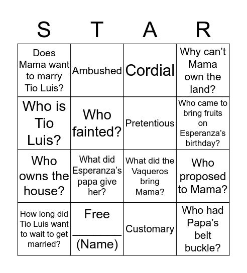 Esperanza Rising Bingo Card