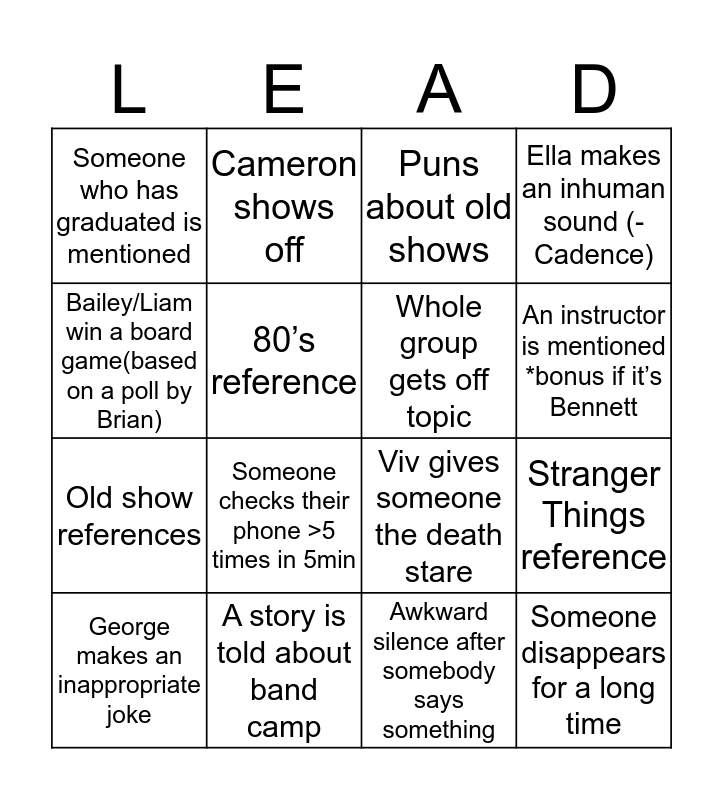 Section Leader Bingo! Bingo Card