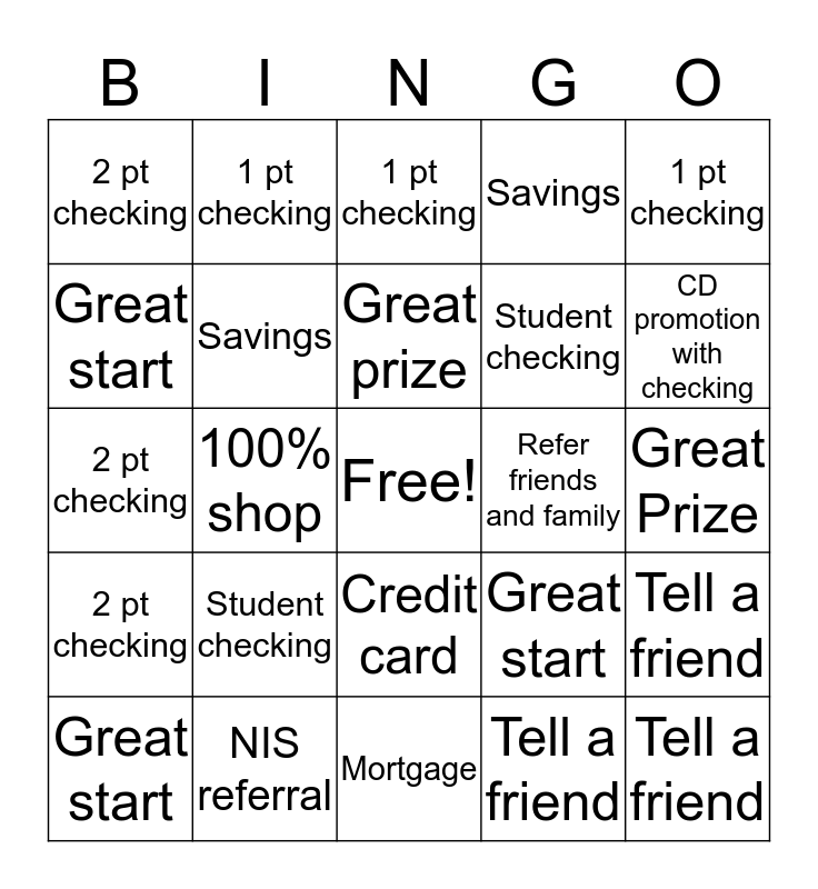 Teller Sales Bingo Card