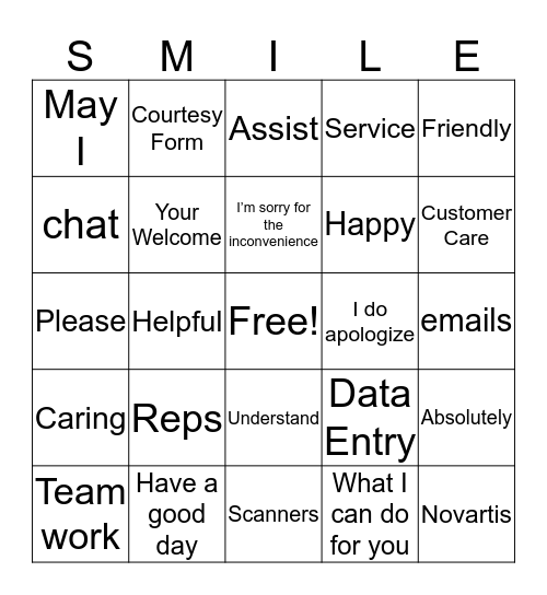 Customer Service Bingo Card Customer Service Bingo Card