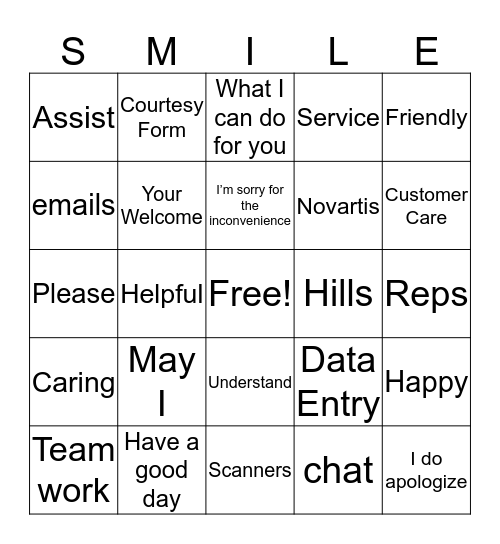 Customer Service Bingo Card