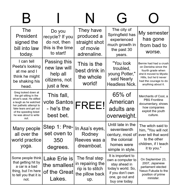 Author's Purpose Bingo Card
