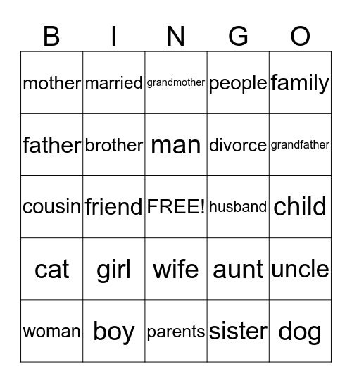 Family / Relationships Bingo Card