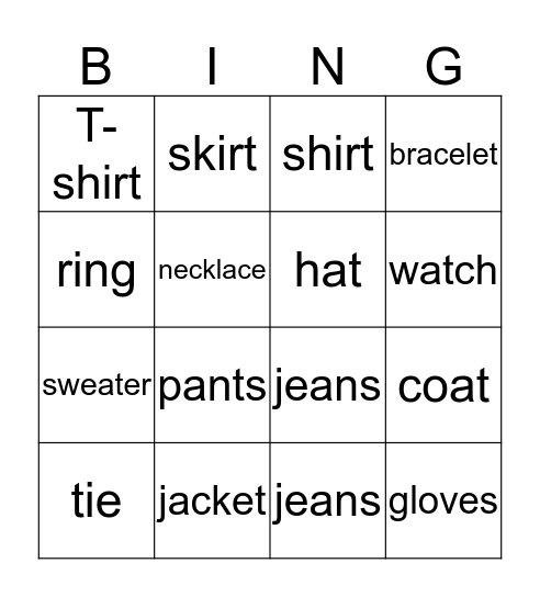 CLOTHING & ACCESSORIES Bingo Card