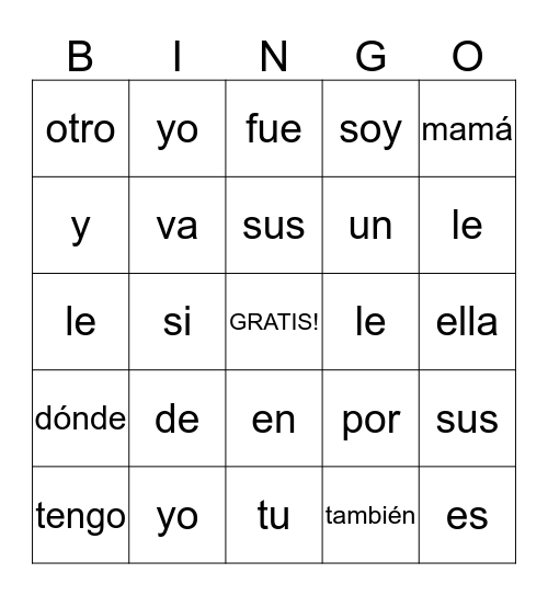 Bingo con Palabras de Uso Frecuente Bingo Card
