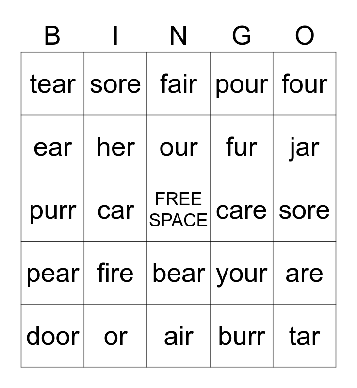 Final /r/ Words Bingo Card
