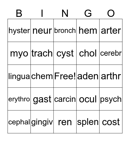 Root Word Bingo Card