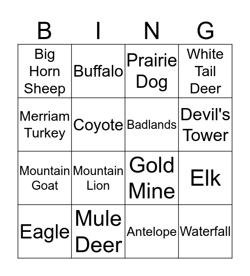 South Dakota Bingo Card