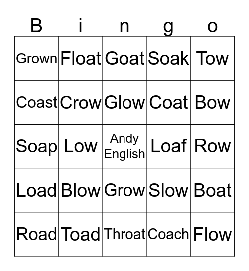Vowel Digraphs: oa & ow Bingo Card