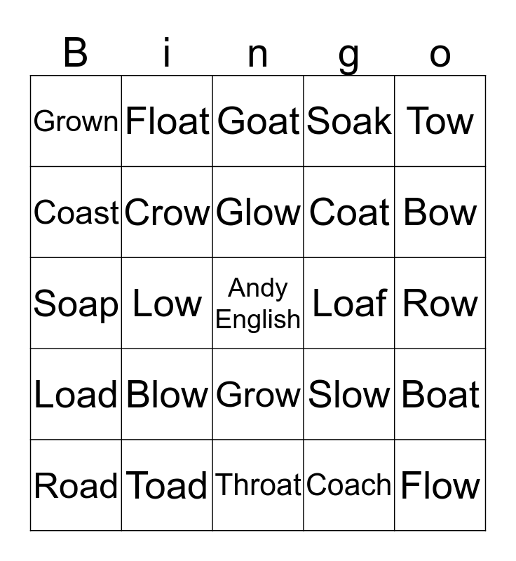 Vowel Digraphs: oa & ow Bingo Card