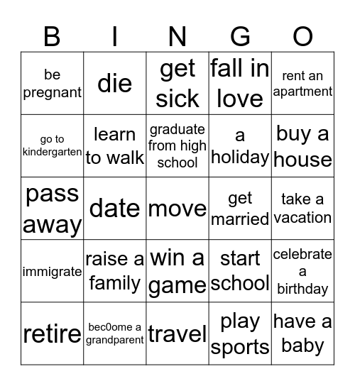 LIFE EVENTS Bingo Card