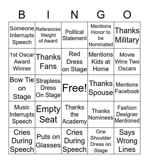 Hollywood Theme Bingo Card