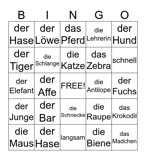 Die Tiere Bingo Card