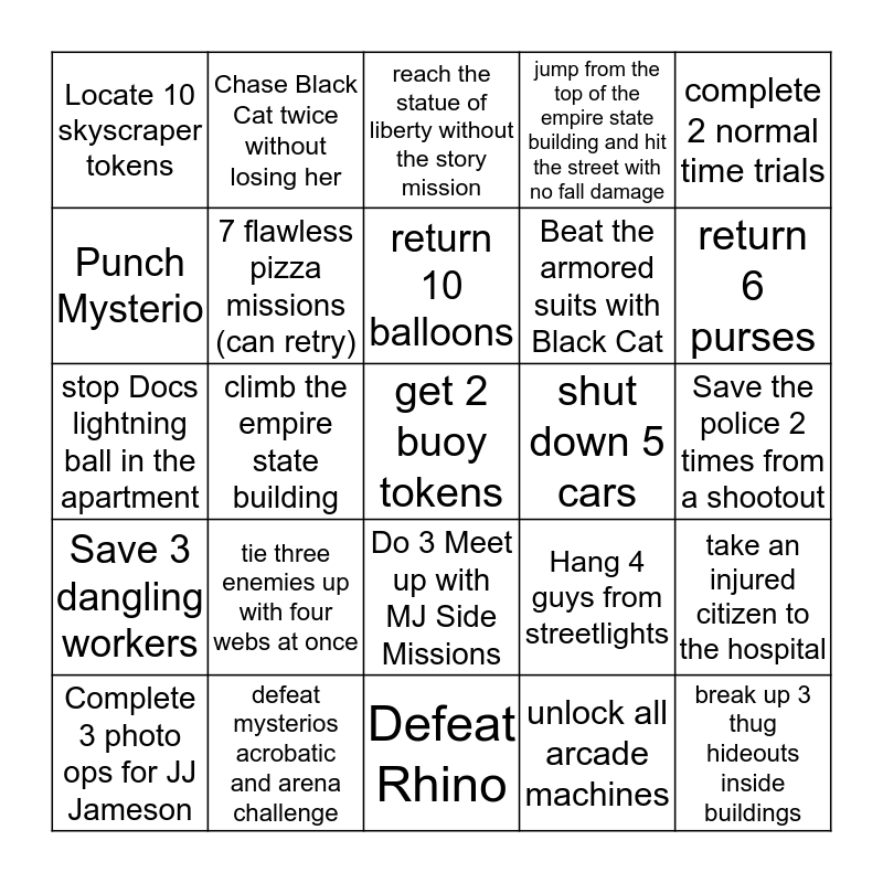 Spiderman 2 Bingo Card