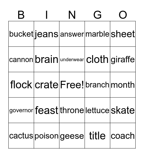 5th grade Bingo Card