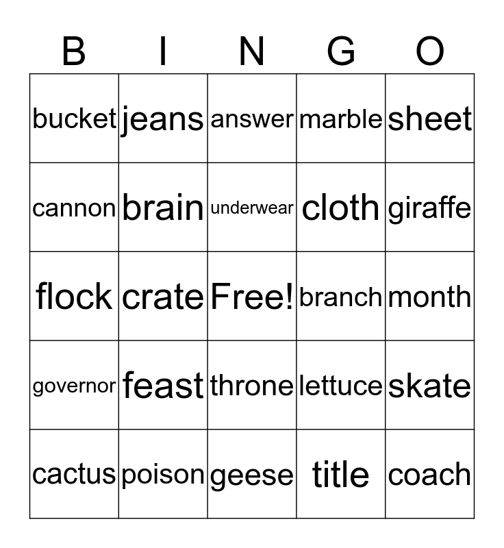 5th grade Bingo Card