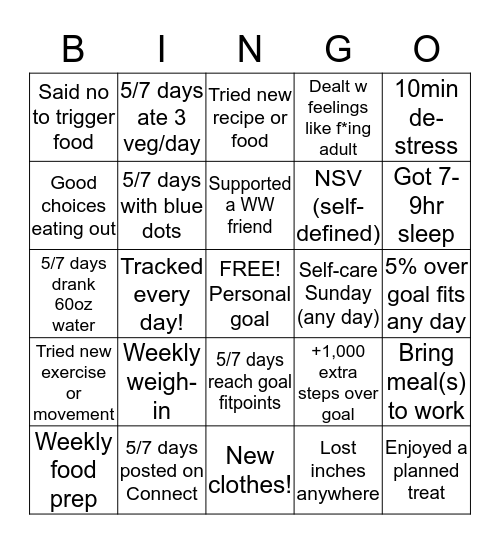 WW Weekly Bingo Challenge 2019 Bingo Card